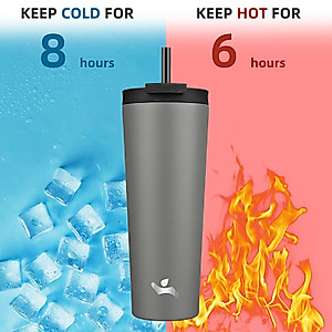 Konokyo 26 OZ Insulated Tumbler with Lid and 2 Straws Stainless Steel Water Bottle Vacuum Travel Mug Coffee Cup,Gray