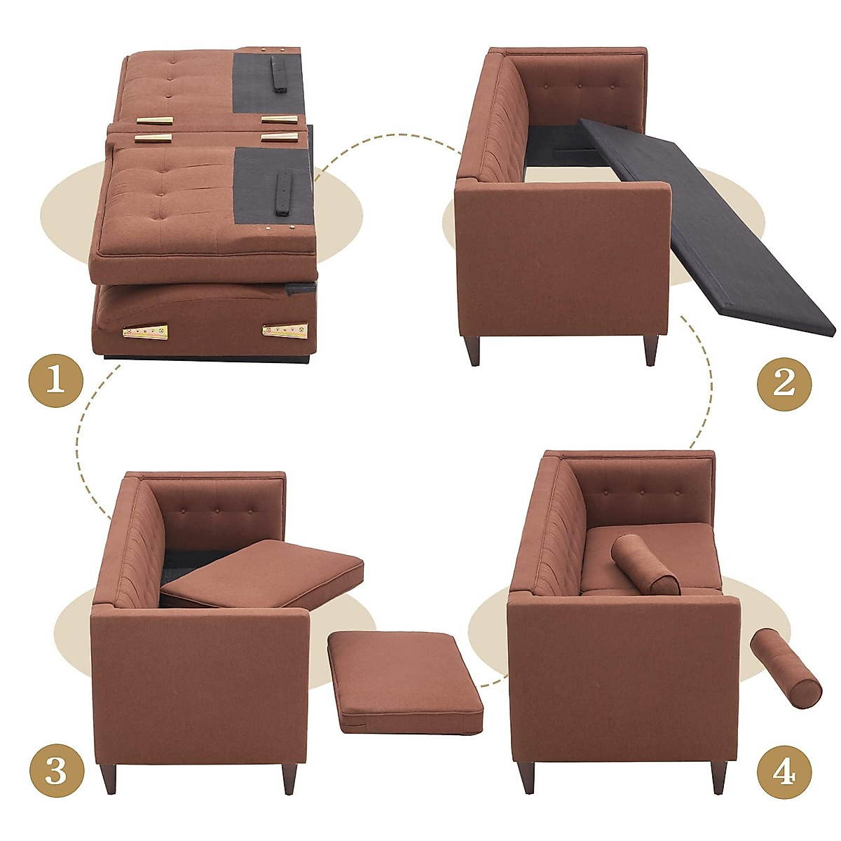 Dreamsir 58Inches Loveseat Sofa, 2 Seater Fabric Sofa Couch with Two Throw Pillows, Solid Wood, Mid Century Modern Couch for Living Room, Small Space, Apartment（Brown） 7097 Linen