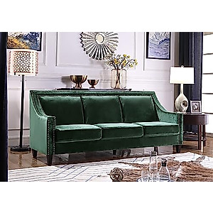 Iconic Home Camren Sofa Velvet Upholstered Swoop Arm Silver Nailhead Trim Espresso Finished Wood Legs Couch Modern Contemporary, Green