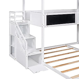 DEYOBED Twin Over Full House Shaped Wooden Bunk Bed with Storage Staircase, Shelves and Blackboard for Kids Teens
