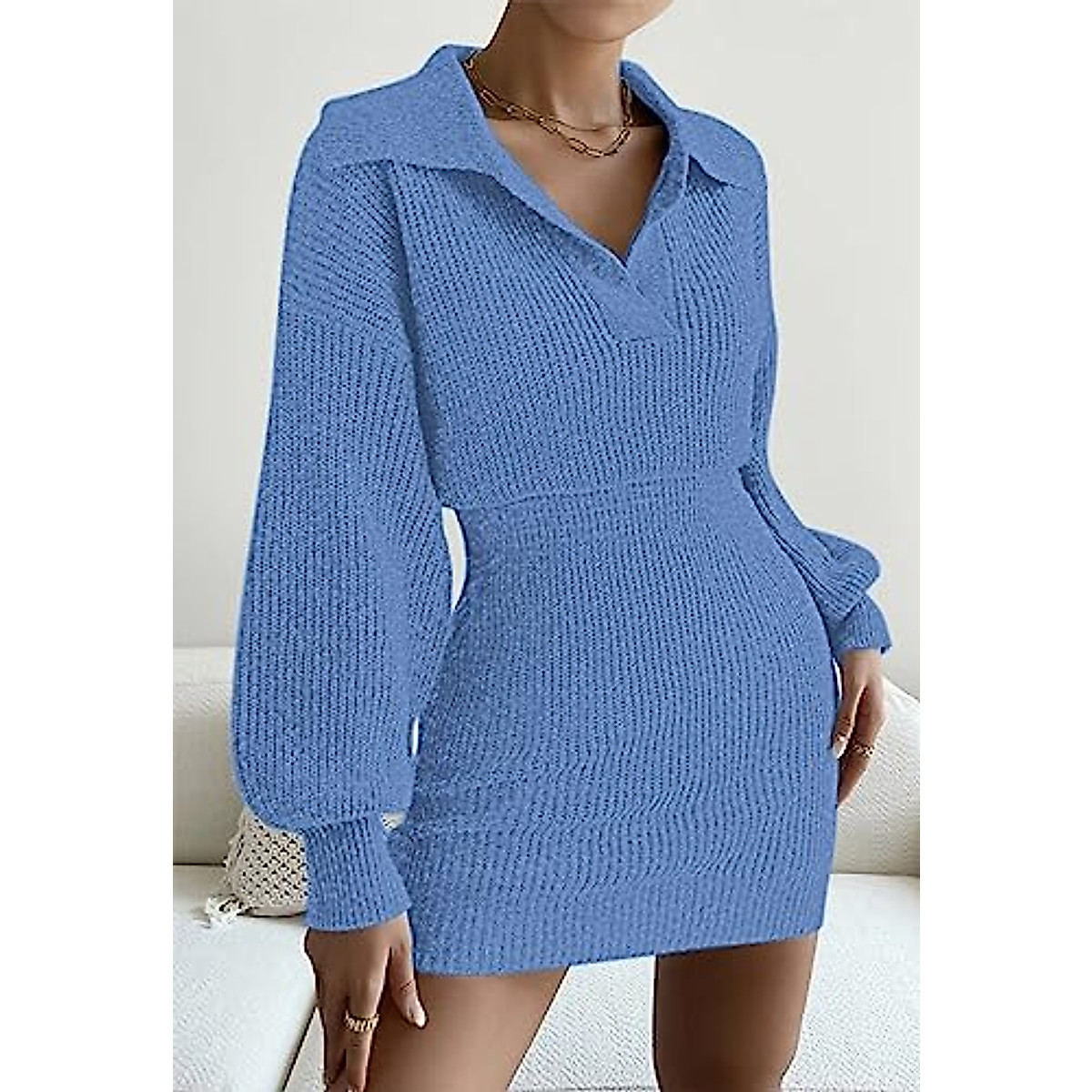 Pink Queen Fashion Long Sleeve Dress for Women Trendy Ribbed Knitted Polo Pullover Sweater Bodycon Mini Dresses Blue M