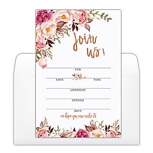 YUEXLL Set of 25 Floral Invitations with 25 White Envelopes, Join Us Fill-in Invites Cards Fit All Occasion for Birthday, Engagement, Wedding, Bridal Shower, Anniversary Party - 03