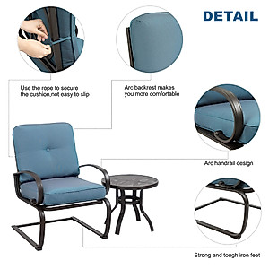 JY QAQA 4Pcs Outdoor Patio Furniture Conversation Sets (Glider Loveseat, Coffee Table, 2 Spring Chairs) Wrought Iron Frame Chair Set with Cushions for Patio, Garden and Backyard (Peacock Blue)