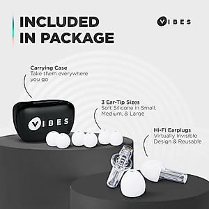 Vibes High-Fidelity Earplugs - Invisible Ear Plugs for Concerts, Musicians, Motorcycles, Airplanes, Raves, Work Noise Reduction, Hearing Protection - Fits Small Medium Large - As Seen On Shark Tank