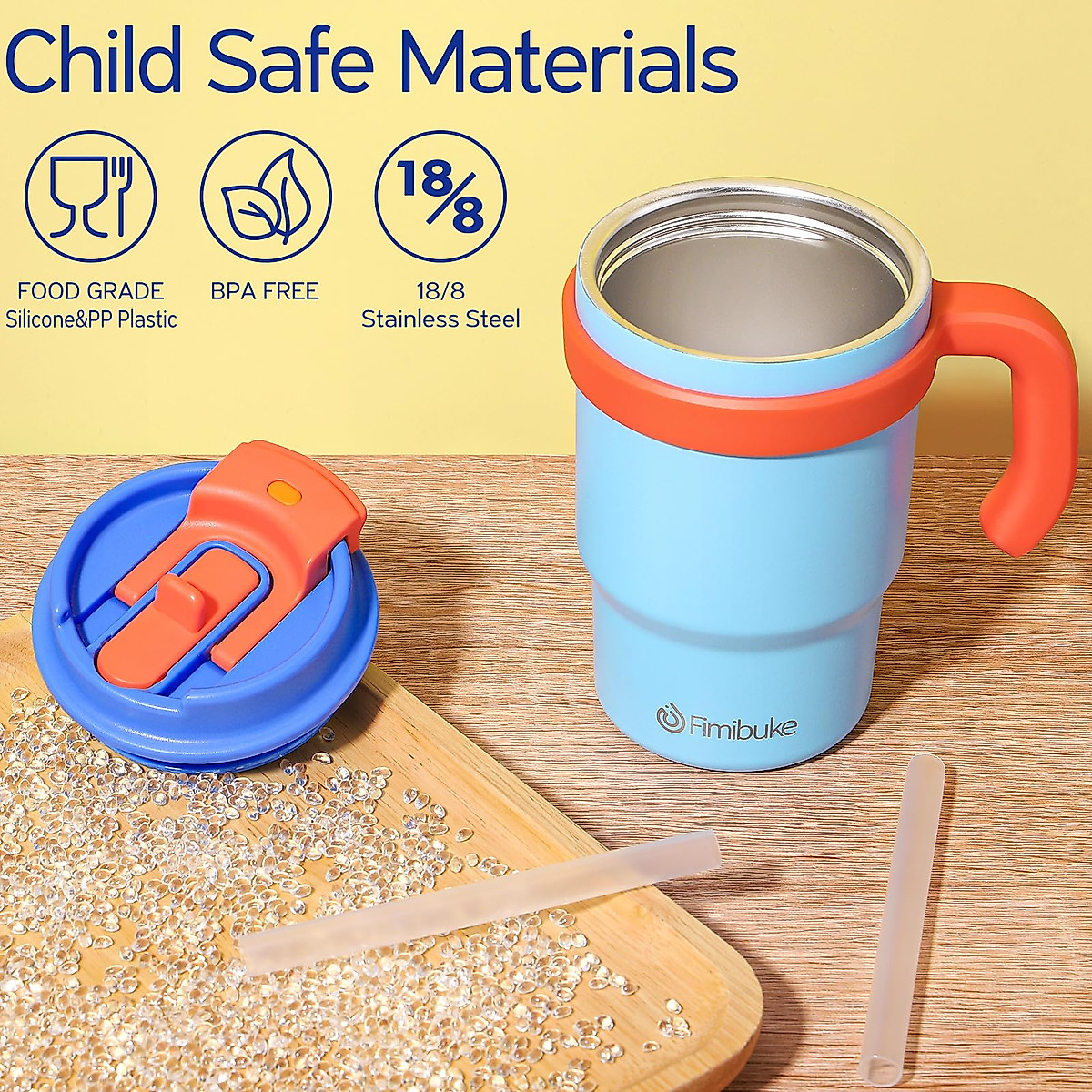 Fimibuke 16oz Kids Insulated Tumbler with Handle & Straws - 2 Pack BPA FREE 18/8 Stainless Steel Toddler Cups with Sip/Swig 2-in-1 Lids, Leak Proof Kid Drinking Cup Travel Mugs for Children Boys Girls