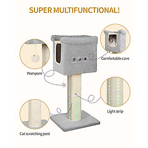 Hzuaneri 39-Inch Cat Scratching Post Tower with Bed, Cat Tower with LED Light Strip, Cat Scratcher Post with Woven Sisal, Condo, Pompom, Light Gray MS99018LG