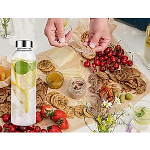 NIKKIER Clear Glass Bottles with Lids 6pcs Set 18oz,Reusable Glass Water Bottle with Stainless Steel Cap, 100% Leak Proof,Can be Used for Fruit Juice, Tea, Water, etc