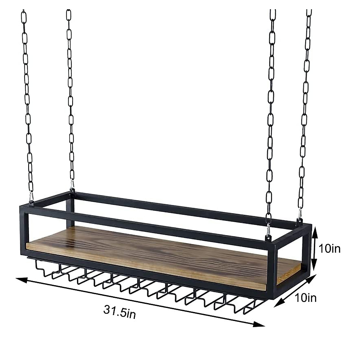 RZGY Hanging Wine Rack with Glass Holder and Shelf, Ceiling Mounted Wine Rack Adjustable Industrial Hanging Wine Bottle Holder, 31.5in Metal Iron Wine Shelf Black