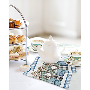 Hokiten Christmas Waffle Kitchen Towels Dishcloths, Xmas Eucalyptus Leaves Winter Cotton Blue Plaid Absorbent Dish Towels | Hand Towels for Bathroom/Bar, 12 x 12 Inch, 2 Pcs