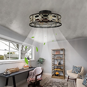 HUEOCZW 20" Caged Ceiling Fan with Light and Remote，bladeless Ceiling Fan 6 Speed Reversible with 4 Bulbs and Remote Control.Low Profile Ceiling Fan with Lights for Bedroom, Dining Room