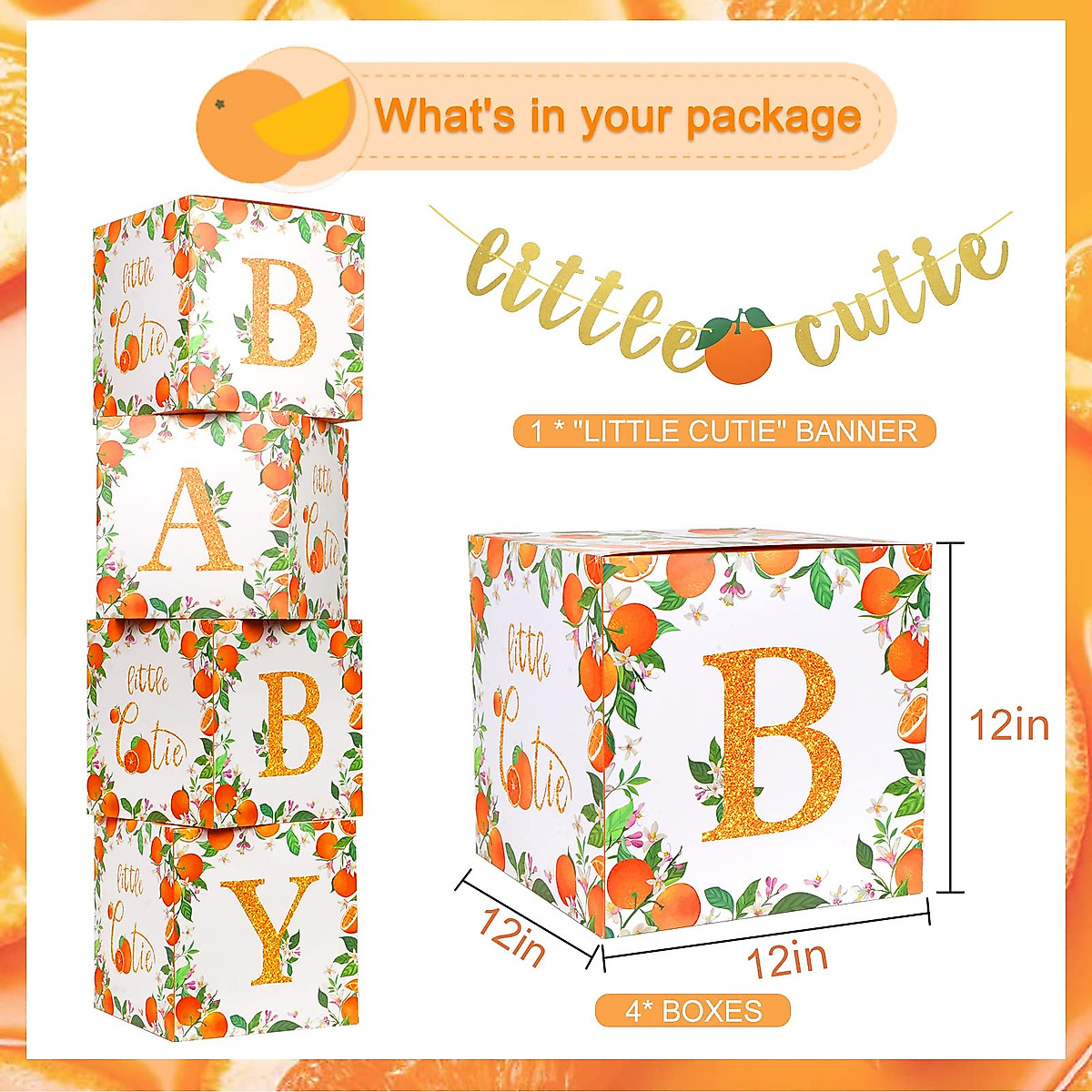 Little Cutie Baby Shower Decorations, Baby Boxes with Letters for Baby Shower, Baby Shower Banner Little Cutie Baby Balloon Boxes Baby Blocks for Orange Party Baby Shower Decor, Gender Revel