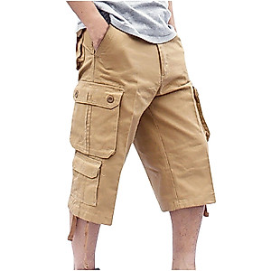 Lightning Deals of Today Prime Clearance Men's Pants Elastic Waistband Mens Cargo Pants Casual Loose Cotton Multi Pockets Shorts 7 Inch Inseam Outdoor Fashion Utility Tooling Trousers Khaki 2X