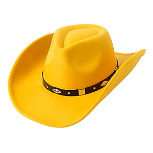 Lanzom Women Men Classic Felt Wide Brim Western Cowboy Cowgirl Hat with Belt Buckle(Yellow, Medium)