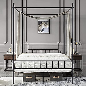 Yaheetech Metal Canopy Platform Bed Frame Four-Poster Canopied Bed Mattress Foundation with Headboard and Footboard Sturdy Slatted Structure No Box Spring Needed Easy Assembly Queen Black