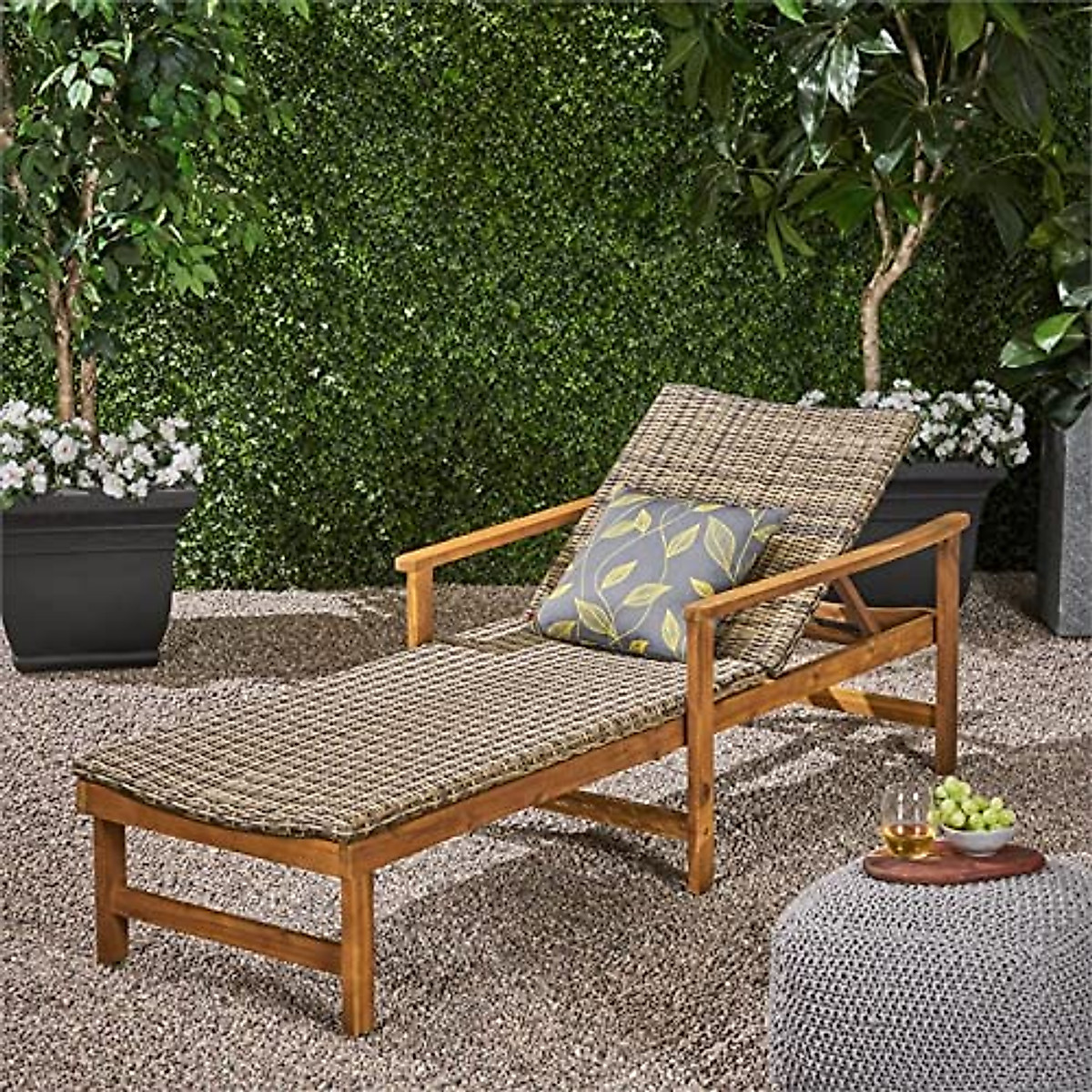 Kyle Outdoor Rustic Acacia Wood Chaise Lounge with Wicker Seating, Natural and Mixed Mocha