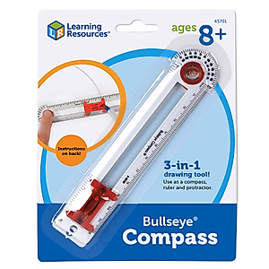Learning Resources SAFE-T Bullseye Compass, Ruler, Protractor, Early Geometry, Math Class Accessories, Ages 8+, Multicolor, Model:45701