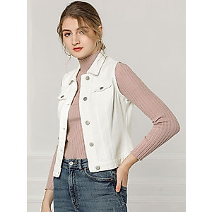 Allegra K Women's Buttoned Washed Denim Vest Jacket W Chest Flap Pockets Medium White