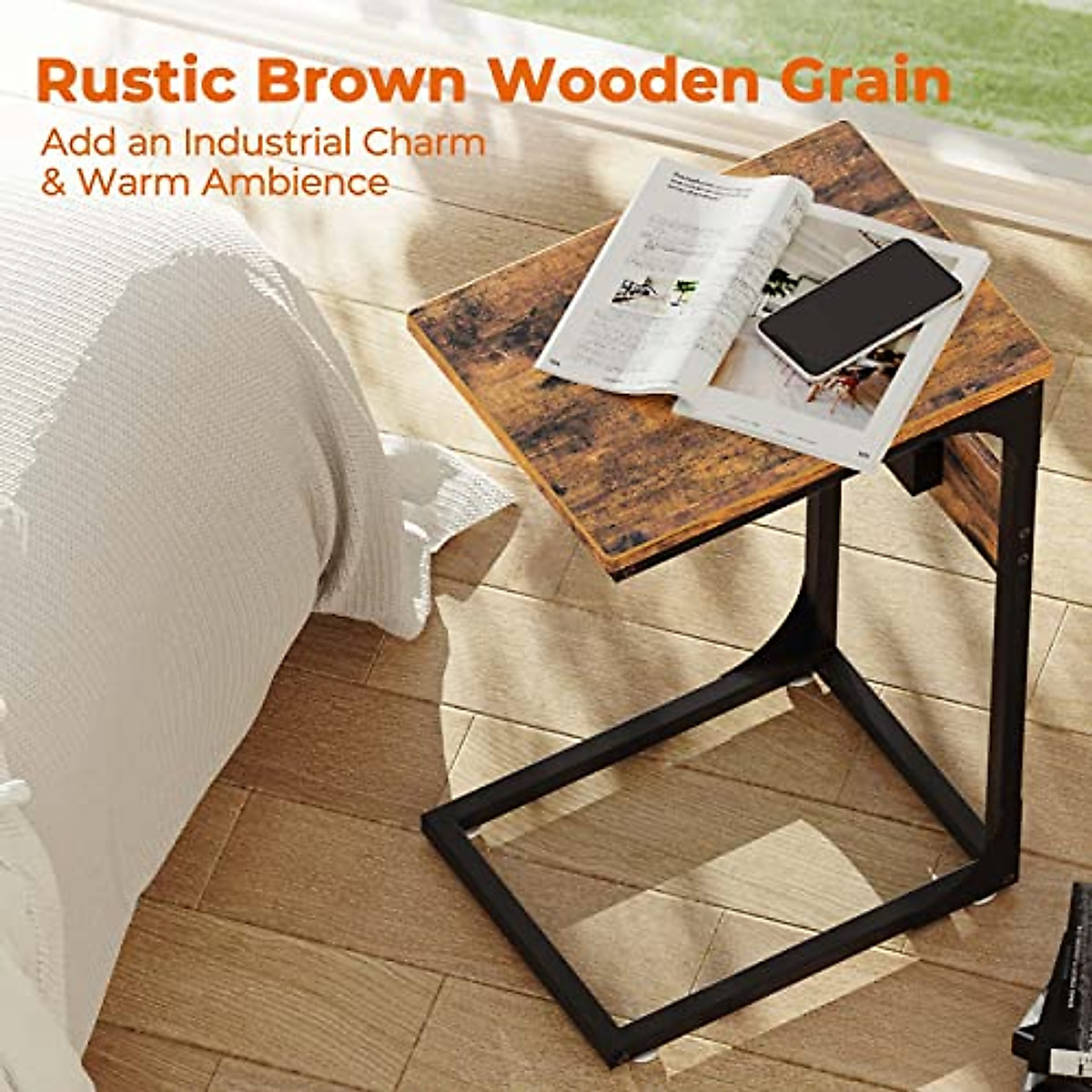 SUPERJARE C Shaped End Table with Charging Station, Bed Side Table with USB Port & Outlet, Couch Table, C Table for Living Room & Bedroom, Rustic Brown