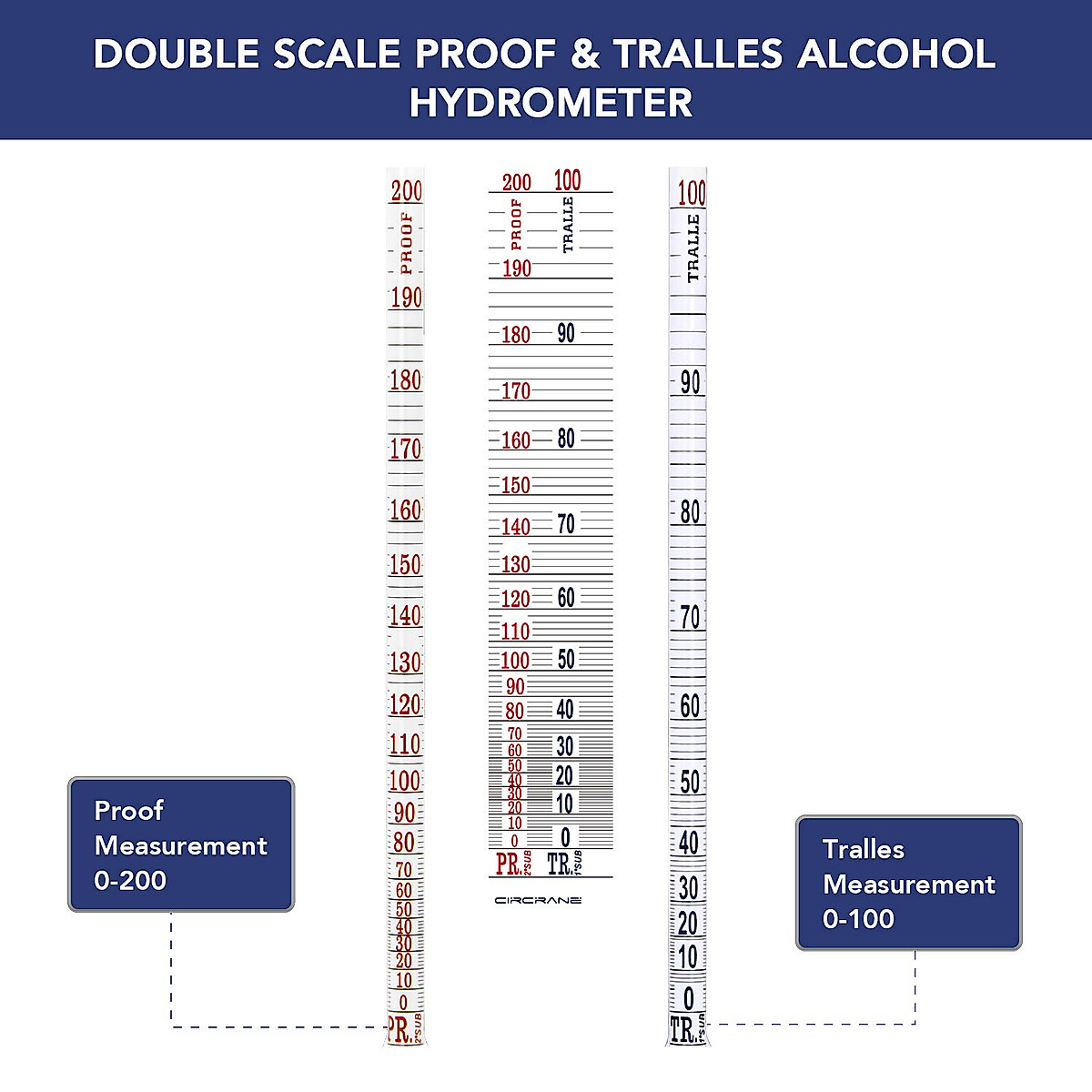 Circrane 0-200 Proof & Tralle Alcohol Hydrometer with Glass Test Jar Kit, Accurate Tester & Glass Cylinder for Liquor, Distilling Moonshine Alcoholmeter Set