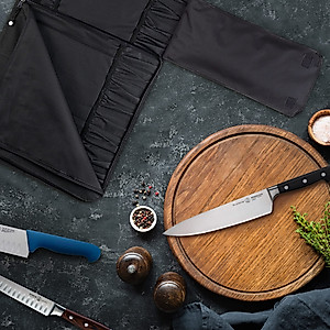 Messermeister 17-Pocket Knife Case with Large Outer Pocket, Black - 17 Elasticized, Reinforced Pockets for Culinary Tools - Holds Up to 18” Knives - Functional, Stylish & Durable