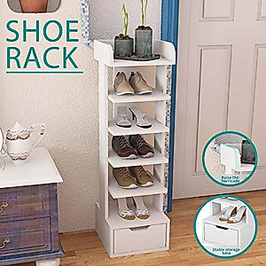 Mepplzian 6-Tier Vertical Shoe Rack, 11” Wooden Shoe Storage Stand with Drawer, Modern Shoe Rack Organizer, Free Standing Shoe Rack Cabinet for Closets Entryway & Small Space, White