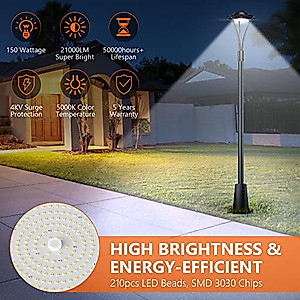 Yihuven 150W Led Post Top Light, 21000Lm(950W Equi), 5000K Daylight, IP67 Waterproof Outdoor LED Circular Area Pole Lighting Fixture for Street Garden Yard Pathway Driveway Front/Back Door