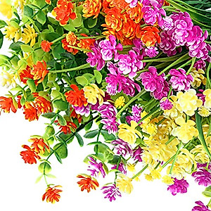 12 Bundles Artificial Flowers Outdoor, UV Resistant Faux Artificial Plants Shrubs Plastic Flower Bulk for Hanging Planter Porch Window Home Wedding Spring Summer Decor(Yellow, Orange, Fuchsia)