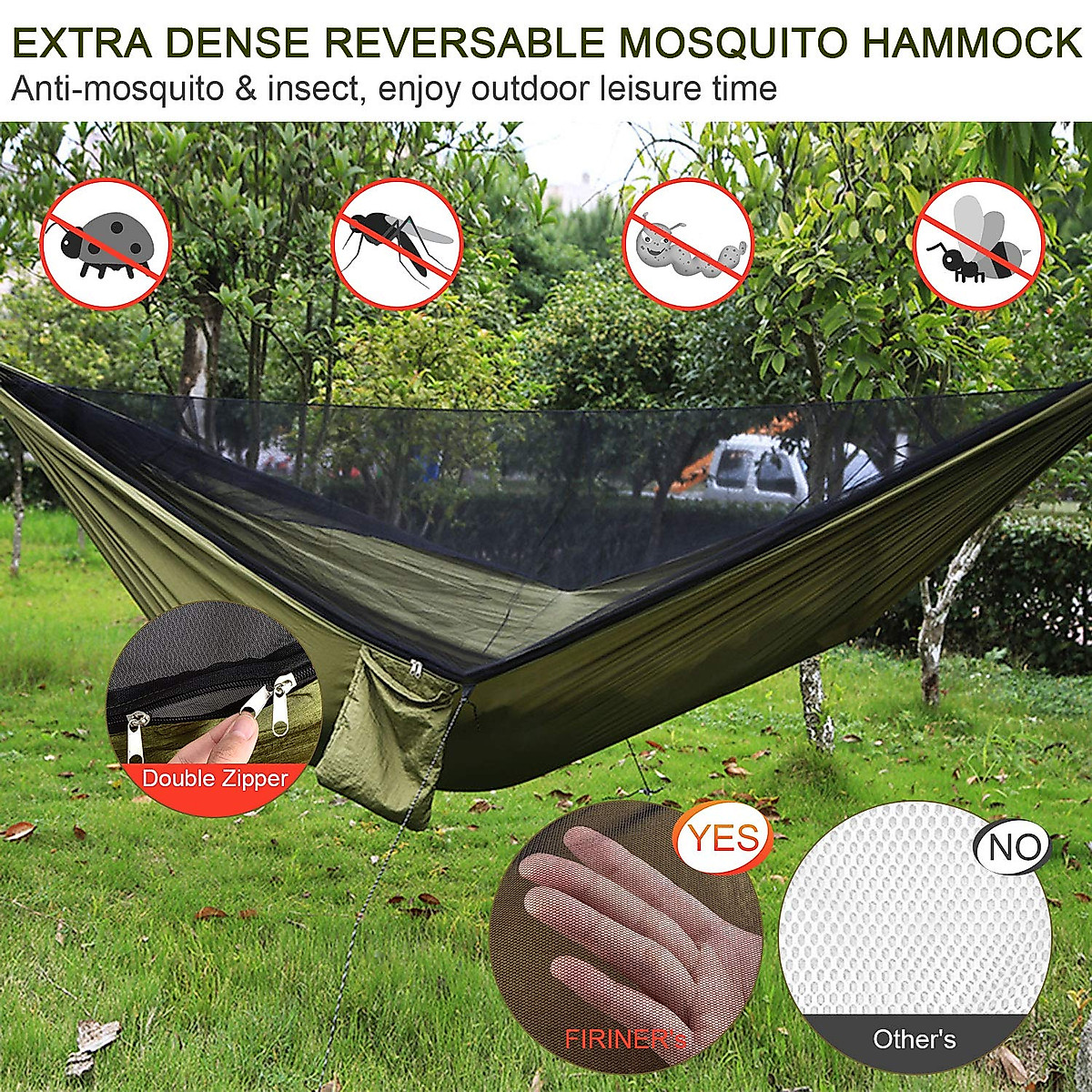 FIRINER Camping Hammock with Rain fly Tarp and Mosquito Net Portable Single Double Hammock Tent with Tree Strap Backpacking Hammock with Rain Cover for Hiking Travel Yard Activities Green