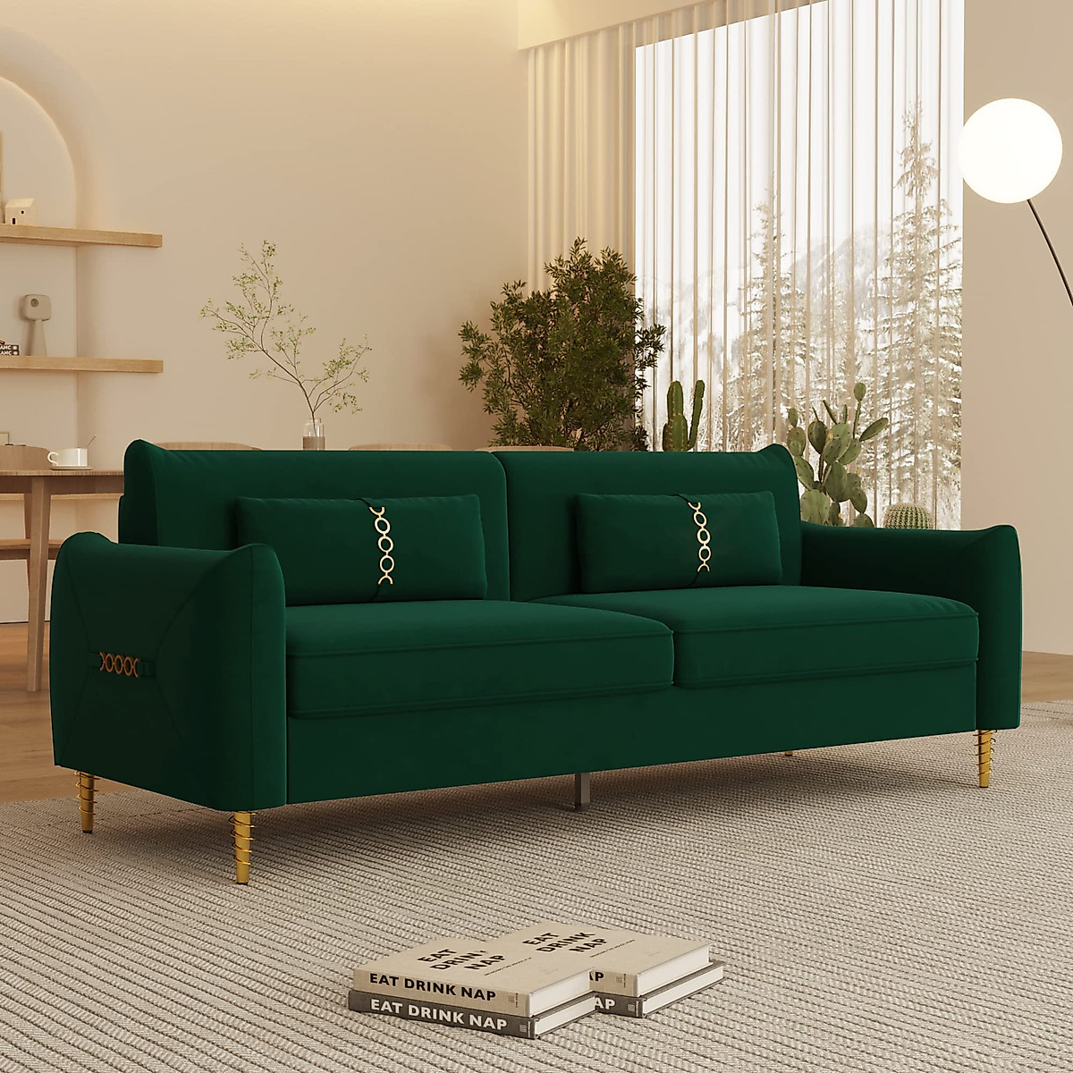 ANTTYBALE 85.43" Modern Sofa,Velvet 3 Seats Couch Easy Assemble,Sofa Bed with 2 Pillows & Gold Metal Legs for Living Room,Bedroom (Black)