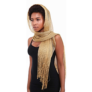 Womens Wedding Evening Wrap Shawl Glitter Metallic Prom Party Scarf with Fringe, 3 Metallic Gold