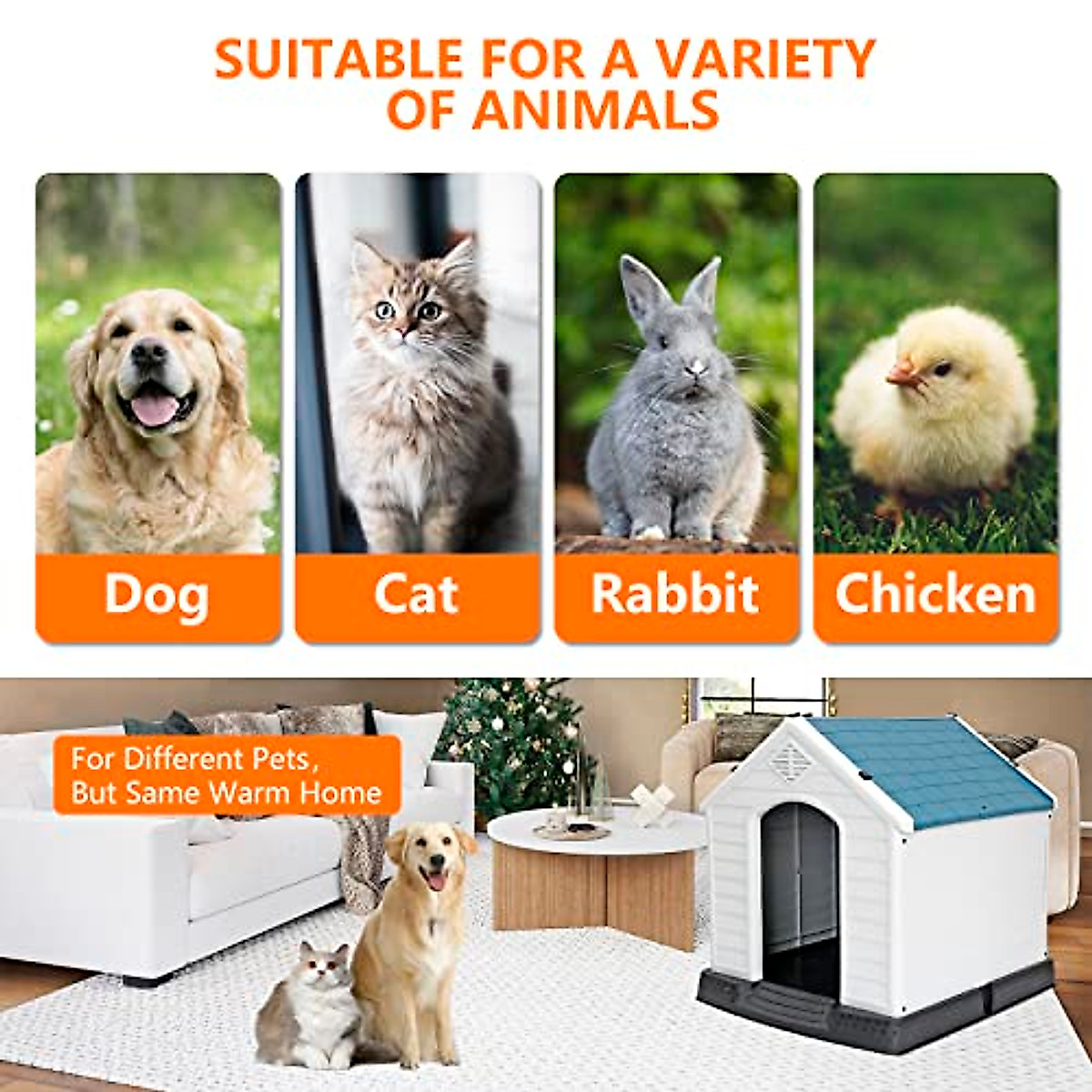 Large Plastic Dog House Indoor Outdoor Doghouse Dog Kennel Easy to Assemble Puppy Shelter w/Air Vents Elevated Floor Waterproof