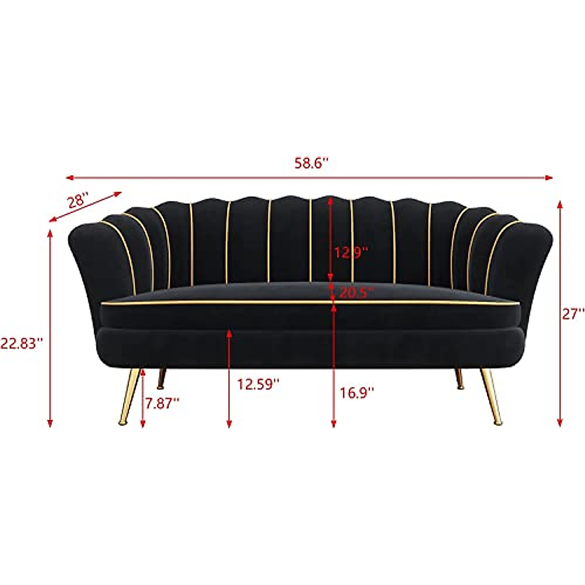 Loveseat Couch, Modern Velvet Sofa Accent Upholstered Settee, 2 Seater Small Loveseat for Small Spaces, Office, Bedroom, Living Room (Black)