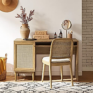mopio Haylee Farmhouse Rattan Study Desk with Adjustable Shelf Storage Space