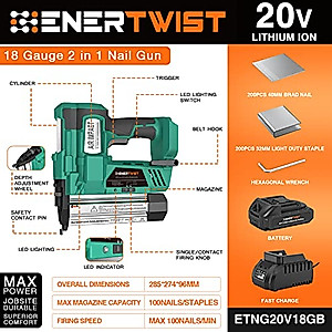 ENERTWIST 20V Cordless Brad Nailer 18 Gauge Nail Gun Battery Powered Including 2.0Ah Li-ion Battery 2 in 1 Cordless Nail/Staple Gun w/Lithium-Ion Battery for Upholstery, Carpentry,Woodworking
