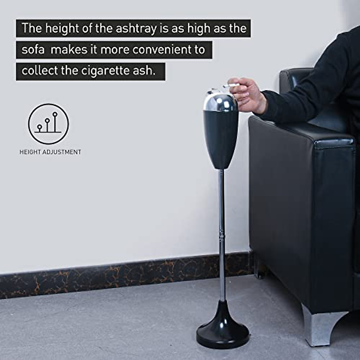 Anfrere Tall Outdoor Standing Ashtray with Lid, Black Adjustable Stand Ash Butt Holder for Home Patio, Outside Windproof Cigar Ash Tray Cigarette Butt Disposal Receptacle in 20", 27.5", 35" Heights