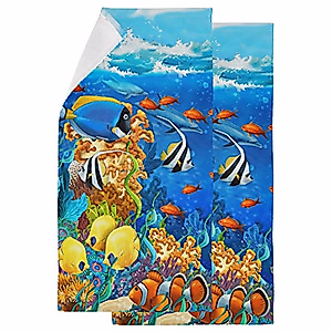 Naanle 2 Pcs Beautiful Underwater Ocean Coral Reef Fishes Soft Fluffy Guest Decor Hand Towels, Multipurpose for Bathroom, Hotel, Gym and Spa (14" x 28")
