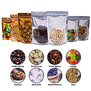 100 Pack Mylar Bags for Food Storage Resealable Aluminum Foil Stand Up Pouch with Window & Hang Hole 3.94×7.08 Inch Reusable Zipper Lock Food Packaging Heat Seal Bags for Small Business & Home - Gold