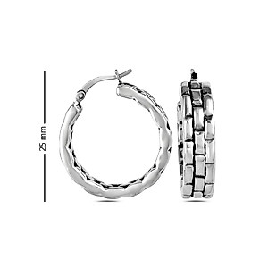 LeCalla Sterling Silver Jewelry Light-Weight Bricks Texture Antique Finish Hoop Earring for Women