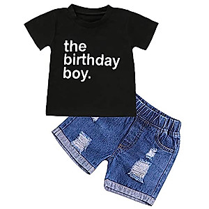 Viworld The Birthday Boy Clothes Baby Boy Short Sleeve Letter Print Shirt Denim Short Pants Cake Smash Outfit Set (Black, 12-18 Months)