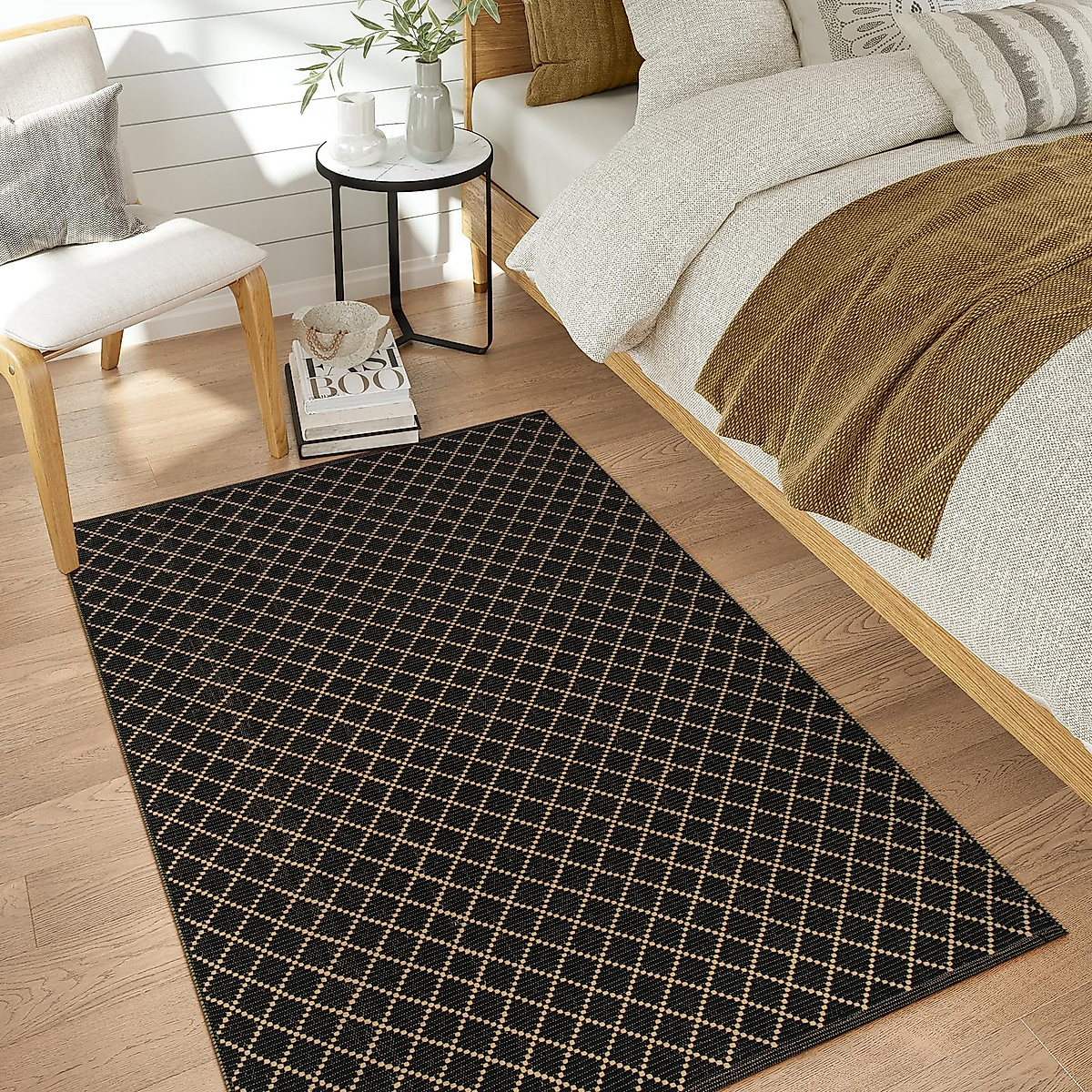 Lahome Checkered Rug, 3x5 Black Area Rug for Bedroom Washable Cotton Office Living Room Rug, Boho Checkerboard Rug Lightweight Black Carpet for Dorm Entry