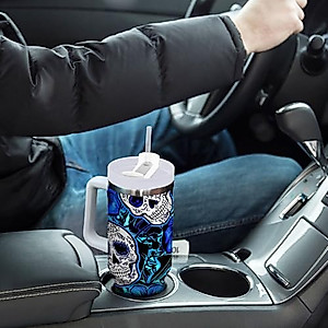 RPLIFE Blue Flowers Sugar Skulls Stainless Steel Coffee Tumbler, Insulated Water Bottle with Straw, Tumbler for Men