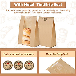 30-Pack Paper Bread Bags for Homemade Bread Sourdough Bread Bags with Tin Tie Tab Lock, Large Kraft Paper Bread Loaf Bag with Clear Window and Label Seal Stickers for Baked Food Packaging Storage