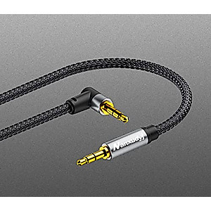 Nanxudyj aux Cord, 3.5mm Stereo Audio Cable 1ft, 90 Degree Short Aux Cable Aux 3.5mm Male to Male Right Angle TRS Cable Compatible for Headphone,Tablets, Speakers, 24K Gold Plated