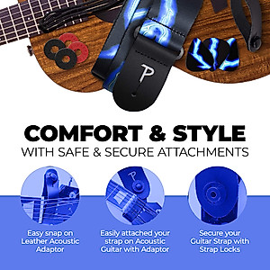 Perri's Leathers Guitar Strap - Bundle - BONUS- 3 Medium 0.71mm Picks, 1 Leather Acoustic Adaptor, 4 Strap Locks & Shoelace… (Blue Lightning)