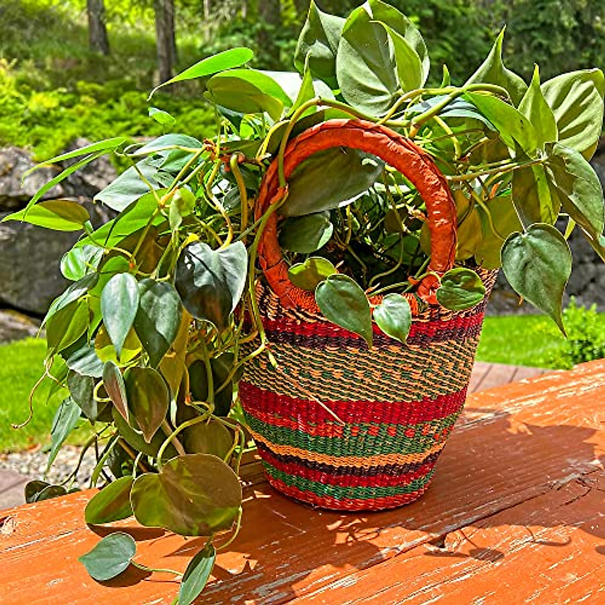 Deluxe Round Colorful African Basket - Medium 14" Round - by market women in Bolgatanga, Ghana with Africa Heartwood Project - GBMRC (Flat-packed)