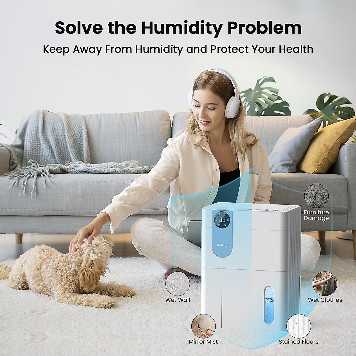 Dehumidifier, VEWIOR 152 OZ Dehumidifiers for Home, Quiet Dehumidifier for Basement with Large Water Tank, Dehumidifiers for Bathroom Bedroom RV Closet with Auto Shut Off and Night Light