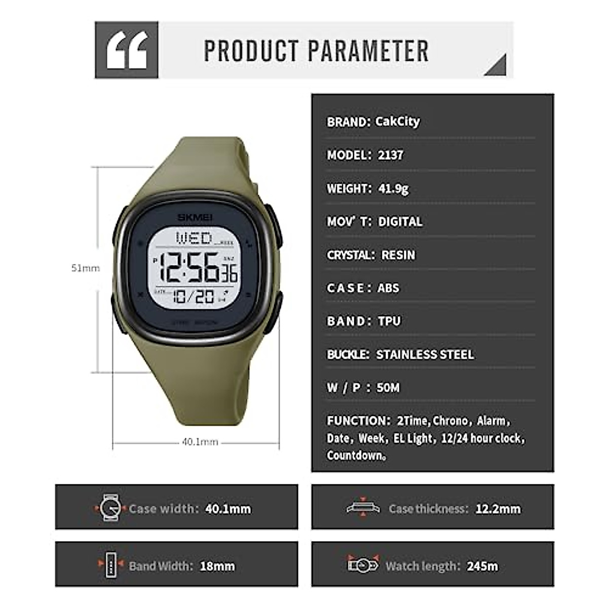 CakCity Square Watch Men Military Style Watch for Men Outdoor Watches for Women Green Digital Watch for Men with Alarm Dual Time