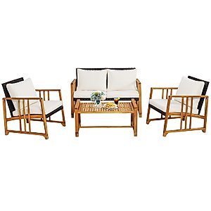 Tangkula 4 Pieces Patio Sofa Set, Outdoor Mix Brown Rattan Conversation Set with Acacia Wood Frame, Cozy Seat & Back Cushions, All-Weather PE Wicker Chair & Table Set for Porch, Poolside (Off White)