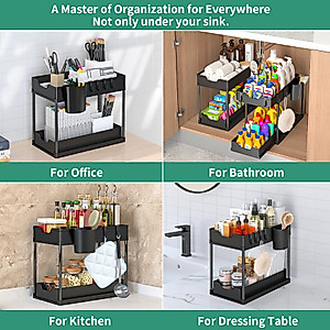 Omloon Under Sink Organizers and Storage,2 Tier Sliding Basket Bathroom Organizer, Under Cabinet Storage Rack with Hooks, Hanging Cup Multi-purpose Drawer Shelf for Bathroom Kitchen Countertop, Black