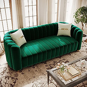 yunqishi KEAI 83.46" Green Velvet Couch for Living Room Emerald Green Large Modern Sofa with Gold Metal Sphere Legs Comfy 3 Seater Cute Sherpa Green Couches for Bedroom Office (Green)